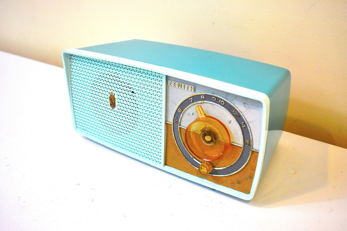 Regal Turquoise Frost Blue 1959 Zenith Model B511 "The Trumpeteer" AM – Retro Radio Farm
