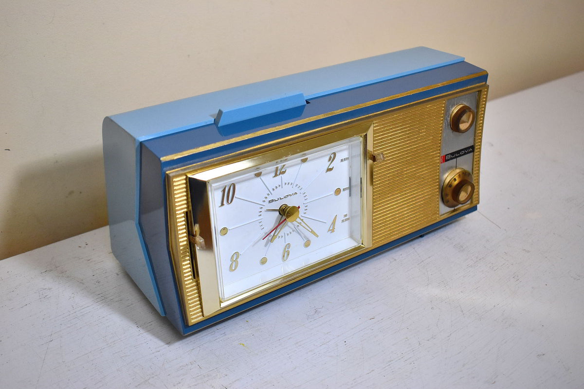 Atlantic Blue 1959 Bulova Model 400 Tube AM Clock Radio Excellent Cond ...