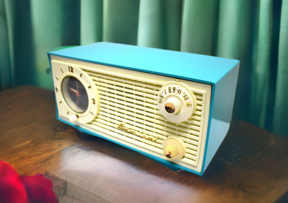 Cyan Turquoise 1957 Admiral Model 268 AM Vacuum Tube Alarm Clock Radio ...
