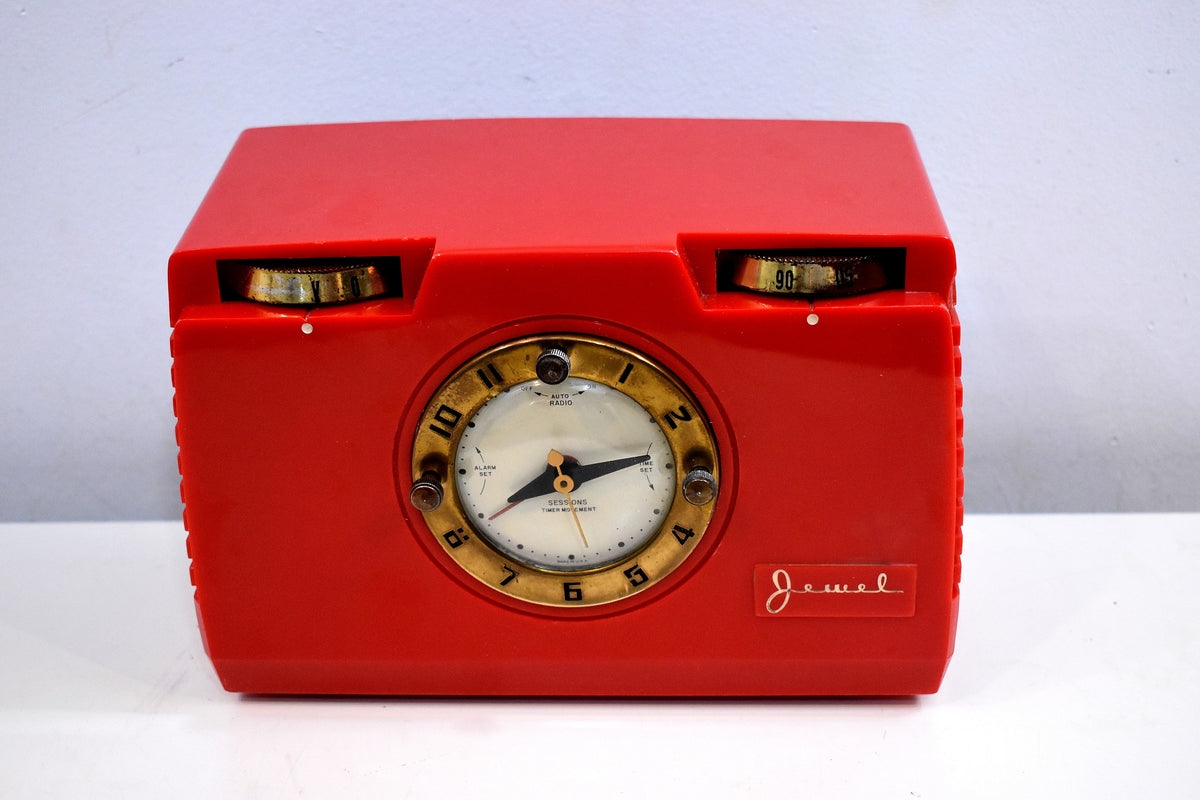 Scarlet Red Early 1950s Jewel Unkown Model ? Red Vacuum Tube Clock Rad ...