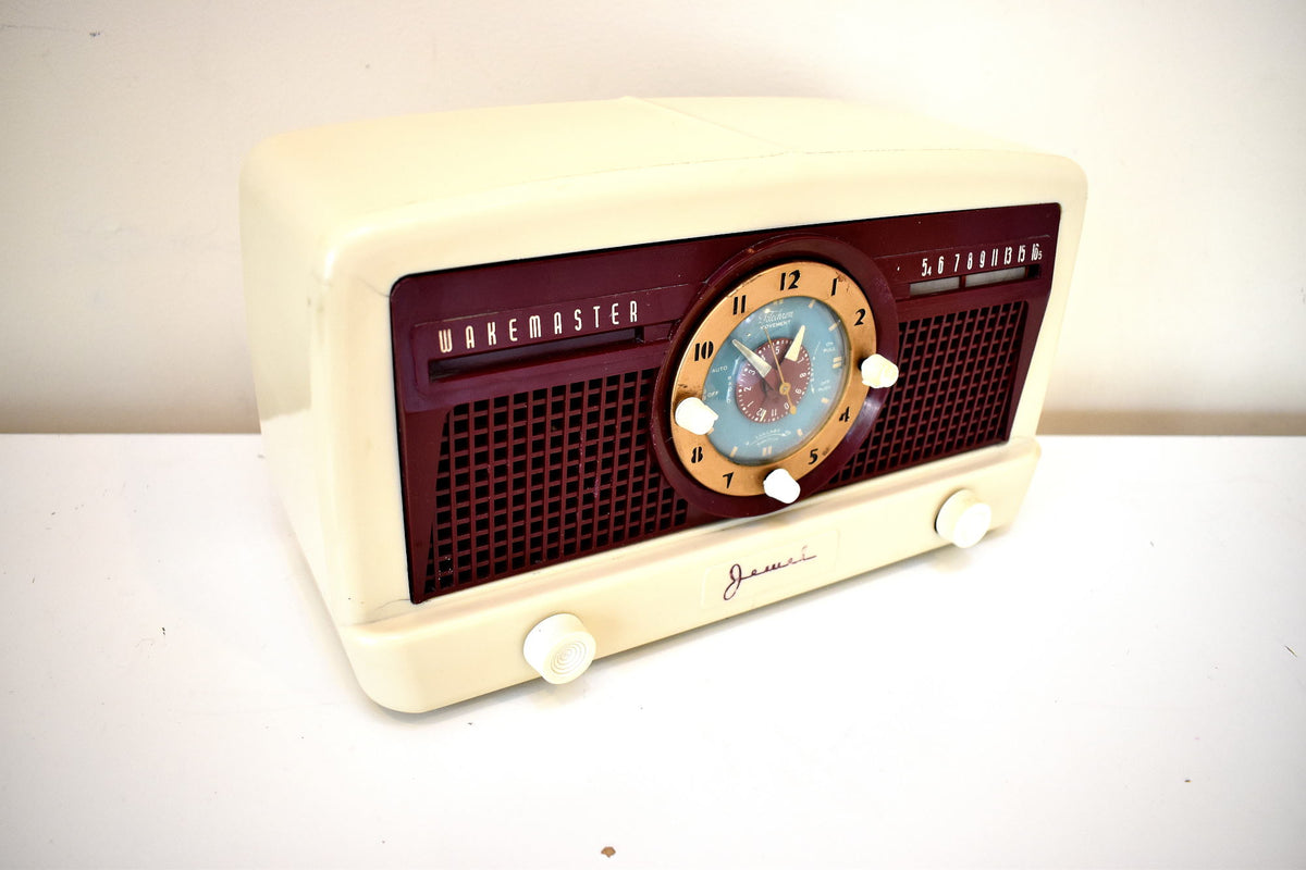 Burgundy Ivory 1950 Jewel Wakemaster Model 5057U Vacuum Tube AM Clock ...