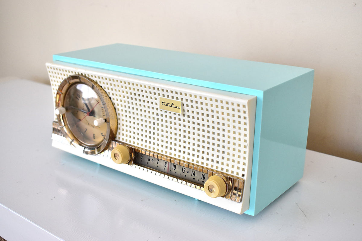 Chalfonte Blue Turquoise 1959 Truetone D-2801 Vacuum Tube AM Clock Rad ...