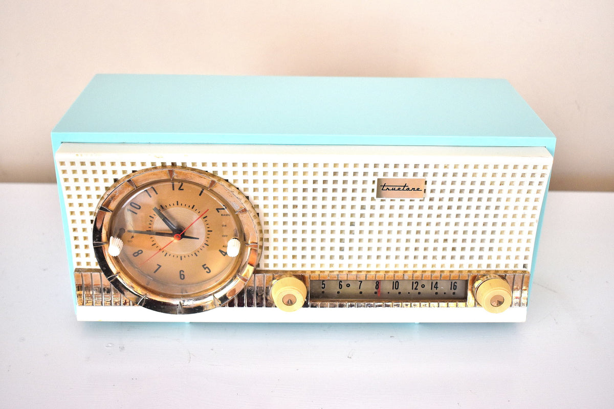 Chalfonte Blue Turquoise 1959 Truetone D-2801 Vacuum Tube AM Clock Rad ...